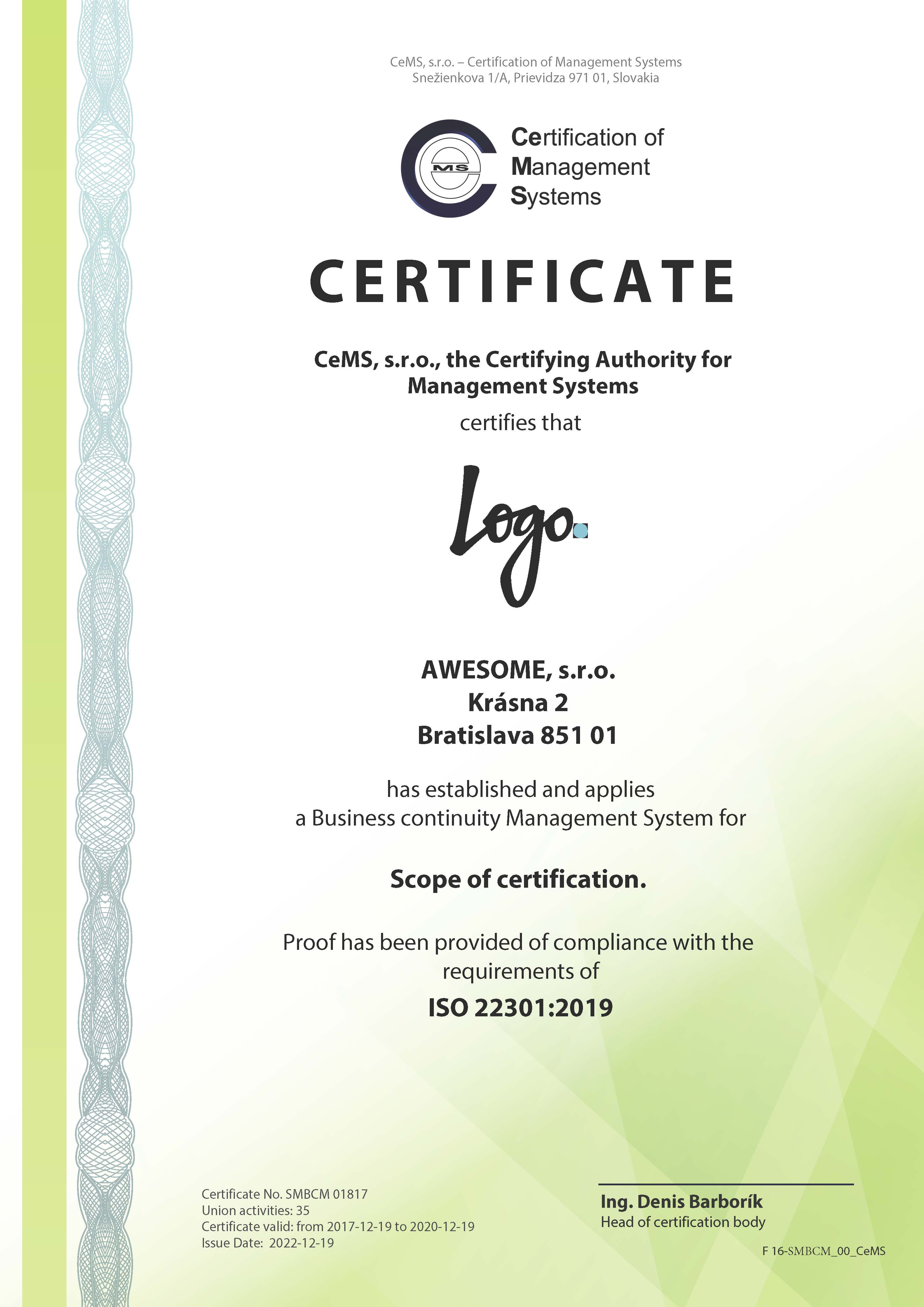 Certification ISO 22301 - Business Continuity Management System | CeMS